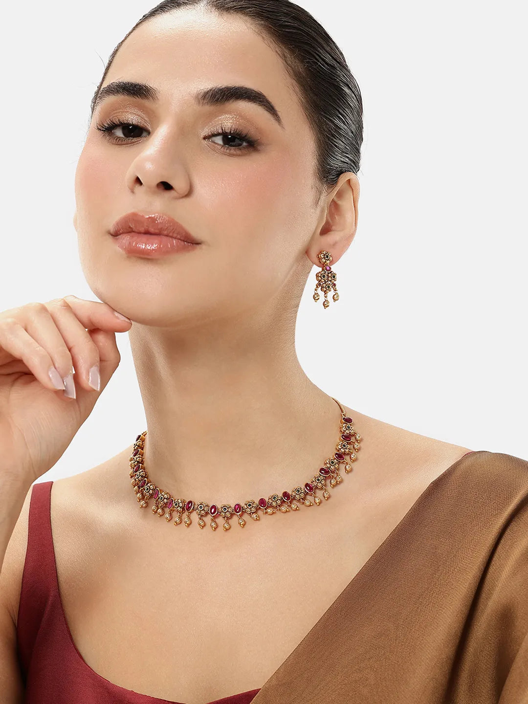 Necklace Earrings Set with Modern Faux Ruby Accents | Peora
