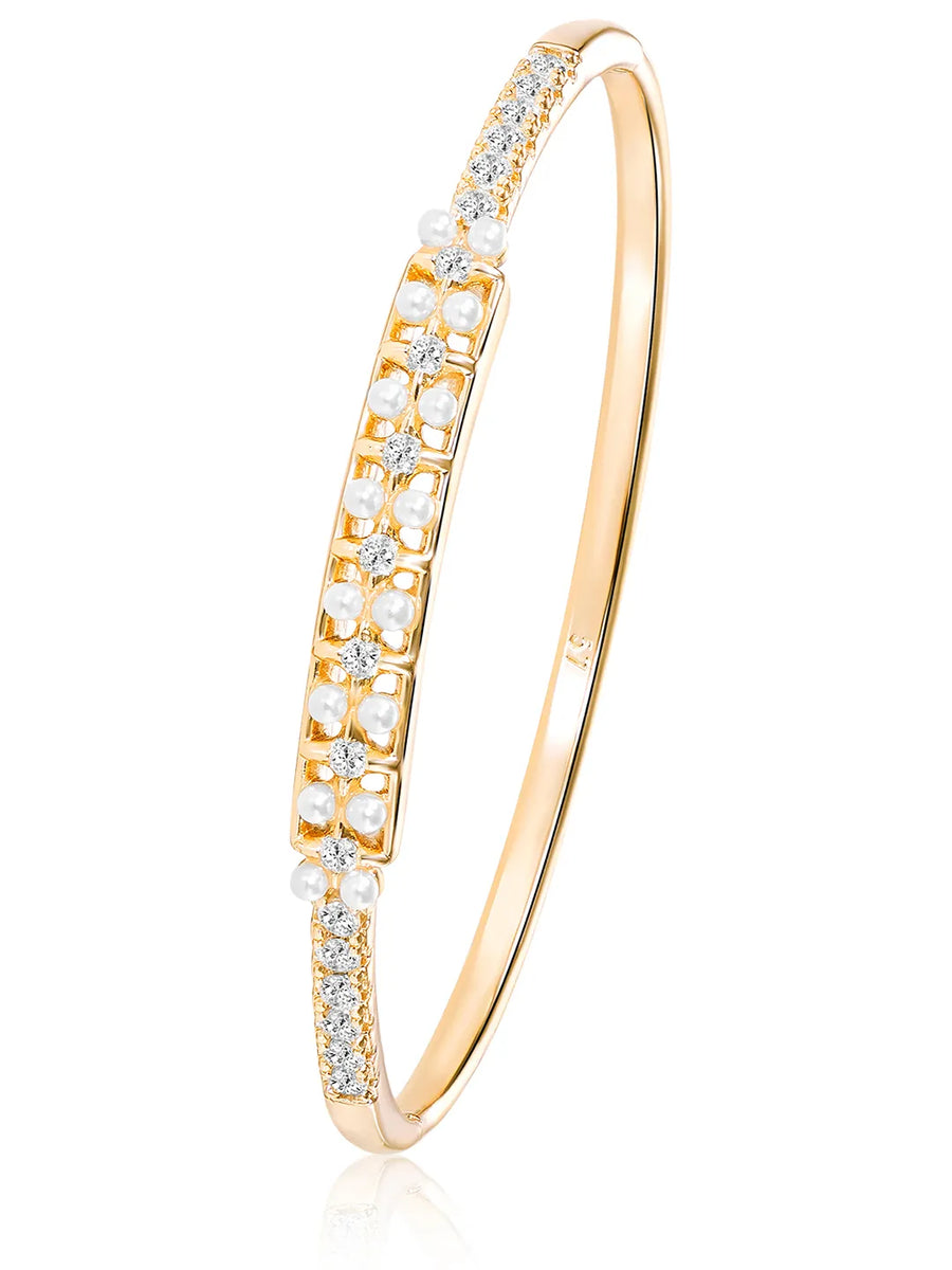 Slim CZ & Pearl Strip Gold Bangle Kada – Peora